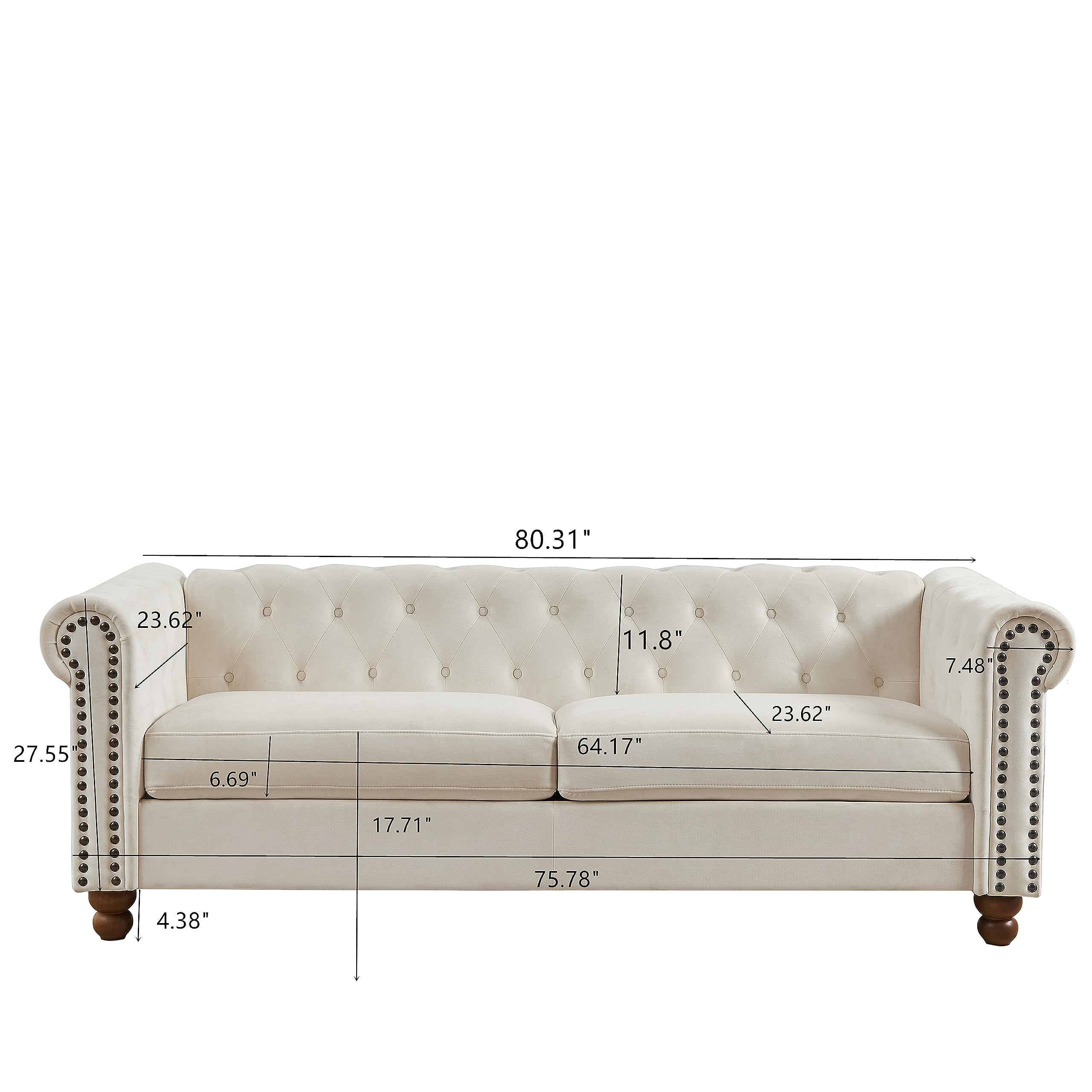 LKTART Modern Sofa Couch Upholstered Comfy Sofa Tufted Couch with Deep Seats, Chesterfield 3 Seater Sofa with 2 Pillows for Living Room Apartment Office Lounge White