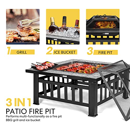 VIVOHOME 32 Inch Heavy Duty 3 in 1 Metal Square Patio Firepit Table BBQ Garden Stove with Spark Screen Cover Log Grate and Poker for Outside Wood Burning and Drink Cooling