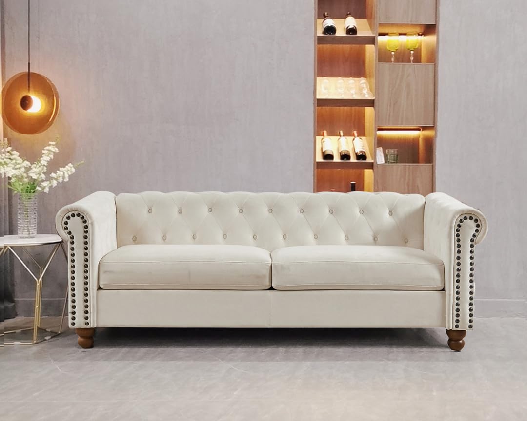 LKTART Modern Sofa Couch Upholstered Comfy Sofa Tufted Couch with Deep Seats, Chesterfield 3 Seater Sofa with 2 Pillows for Living Room Apartment Office Lounge White