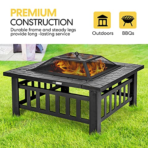 VIVOHOME 32 Inch Heavy Duty 3 in 1 Metal Square Patio Firepit Table BBQ Garden Stove with Spark Screen Cover Log Grate and Poker for Outside Wood Burning and Drink Cooling