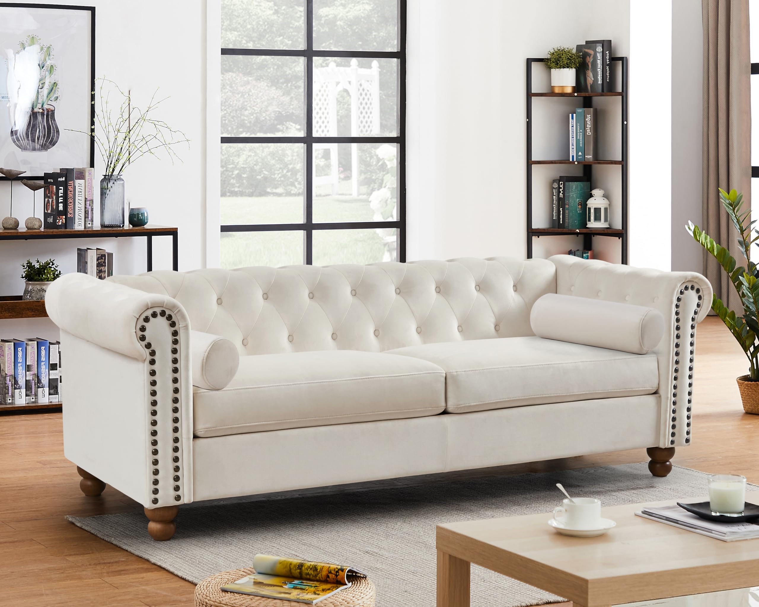 LKTART Modern Sofa Couch Upholstered Comfy Sofa Tufted Couch with Deep Seats, Chesterfield 3 Seater Sofa with 2 Pillows for Living Room Apartment Office Lounge White
