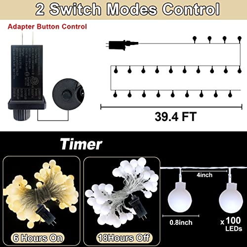 TURNMEON 100 LED 39.4 Ft Christmas Lights Globe String Lights Decor, Timer 8 Modes Plug in Fairy Lights for Bedroom Indoor Outdoor Christmas Decoration Home Yard Garden Xmas Tree Decor (Warm White)