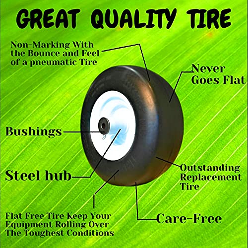 (2-Pcs-Set) New 11x4.00-5 Flat-Free Lawn Mower Smooth Tires w/Steel Rim for Zero Turn Lawn Mower Garden Tractor - hub 3"-5" with 3/4" Bore 114005 T161