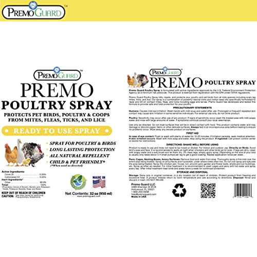 Poultry Spray by Premo Guard – Treat Mites, Fleas, Flies, and Lice – Fast Acting & Effective – Chicken, Turkey, Waterfowl, and Birds – Best Natural Protection for Control & Prevention – 32 oz