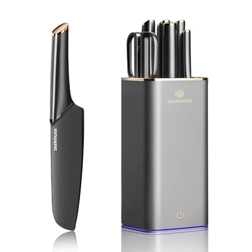 ZEEKMUSS Knife Set Knife Sets for Kitchen with Block 6-Piece Stainless Steel Block Knife Set with Sharpener Kitchen Scissors Smart Knife Holder Keep Clean and Dry Kitchen Home Gift (Grey)