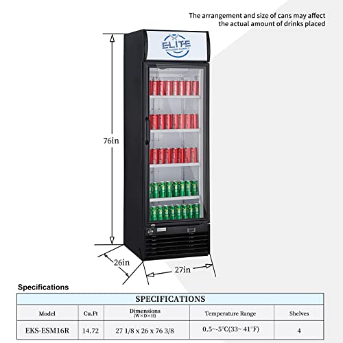EKS 14 cu.ft. Commercial Refrigerators Glass Door 27'' W Drink Refrigerator Display Beverage Cooler Single Door Fridge Adjustable Shelves Drink Upright Merchandiser Reach In (1 Door, 14.72 cu.ft.)