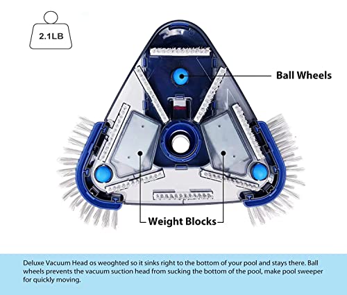 Poolvio Triangular Pool Vacuum Head with Side Brush, Swivel Hose Connection, EZ Clip Handle,3 Ball Wheels - Connect 1-1/4", 1-1/2" Hose for Inground and Above Ground Swmming Pools