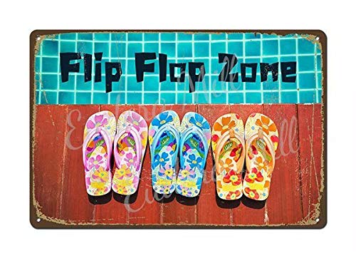 Flip Flop Zone Sign 8"x12" Metal Tin Sign Funny Pool Signs Beach House Decor Vintage Pool Tropical Beach Patio Decoration Pool Rules