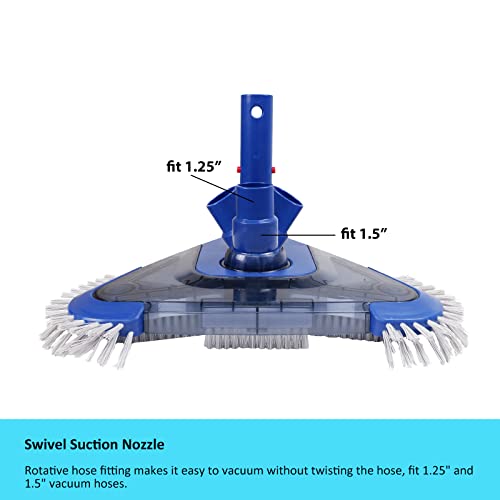 Poolvio Triangular Pool Vacuum Head with Side Brush, Swivel Hose Connection, EZ Clip Handle,3 Ball Wheels - Connect 1-1/4", 1-1/2" Hose for Inground and Above Ground Swmming Pools