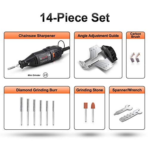Chainsaw Sharpener Kit - GOXAWEE 140W Power Chain Saw Sharpen Tool Set, Electric Blade Sharpening File Comes with 6pcs Diamond Sharpening Wheels, Angle Guide Attachment for Lumberjack & Garden Worker