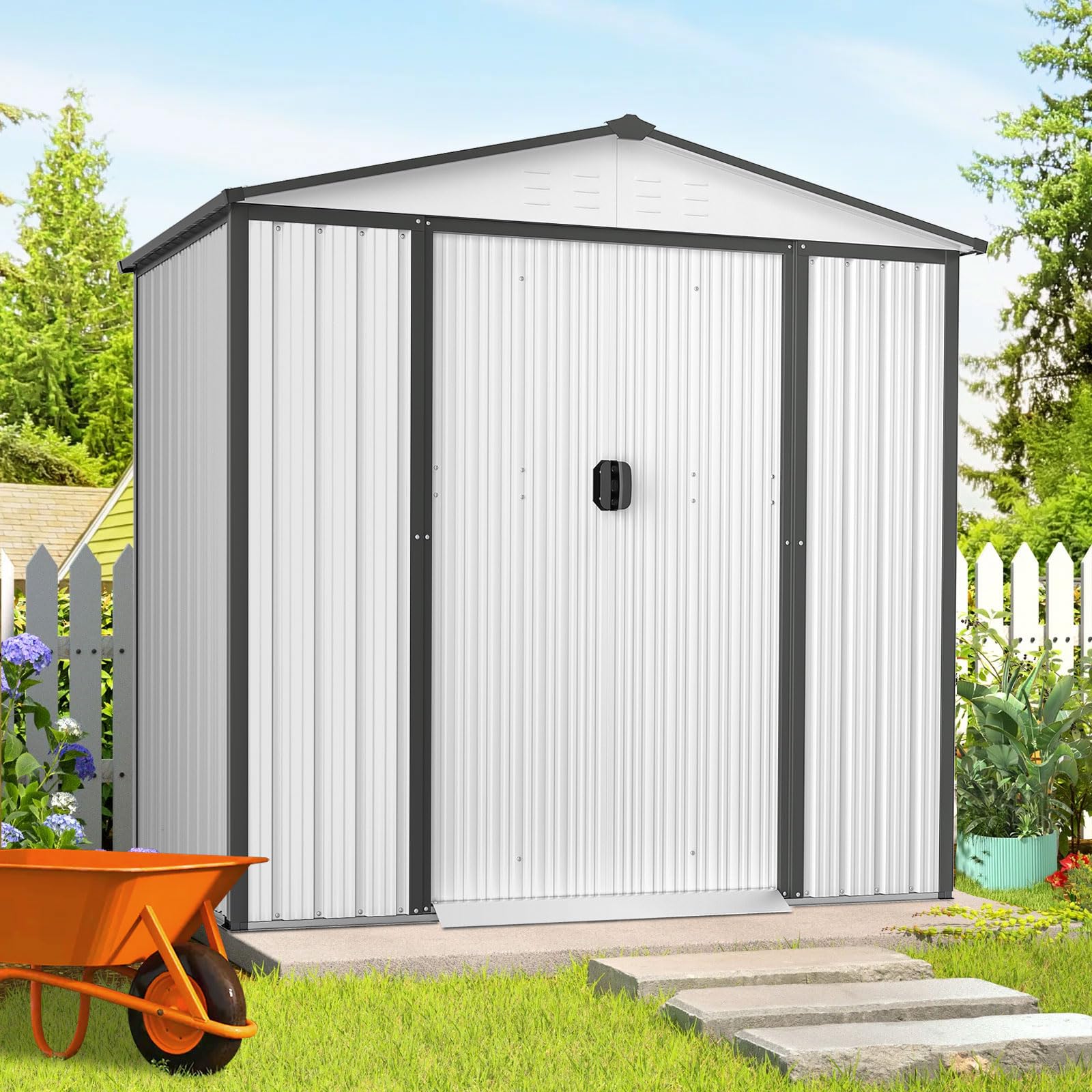 SUNCROWN Outdoor Backyard Garden Storage Shed 4X6 FT Yard Storage Tool with Sliding Door for Lawn Equipment Garden Backyard, White