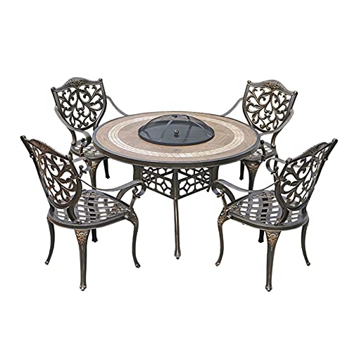 QHYXT Outdoor Fire Pit 122cm/48 Garden Grill Table - Wood Burning Fire Pit, Aluminum Round Indoor and Outdoor Table and Chair Set-with 4 Chairs, Suitable for Garden Terrac
