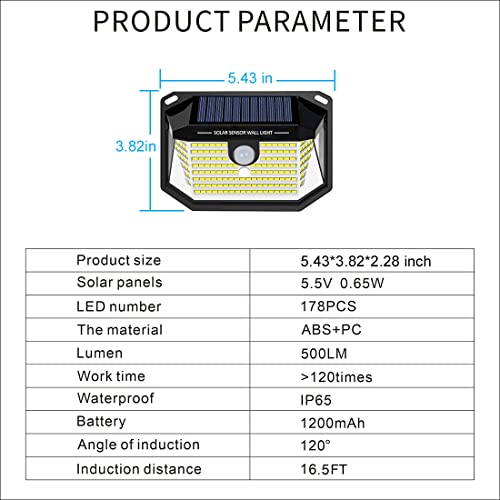 Solar Outdoor Lights Motion Sensor Security Light, Solar Powered Wall Lights 178 LEDs 500LM 3 Lighting Modes 270° Lighting Angle IP65 Waterproof for Garden Patio Porch Fence Yard (2 Pack)