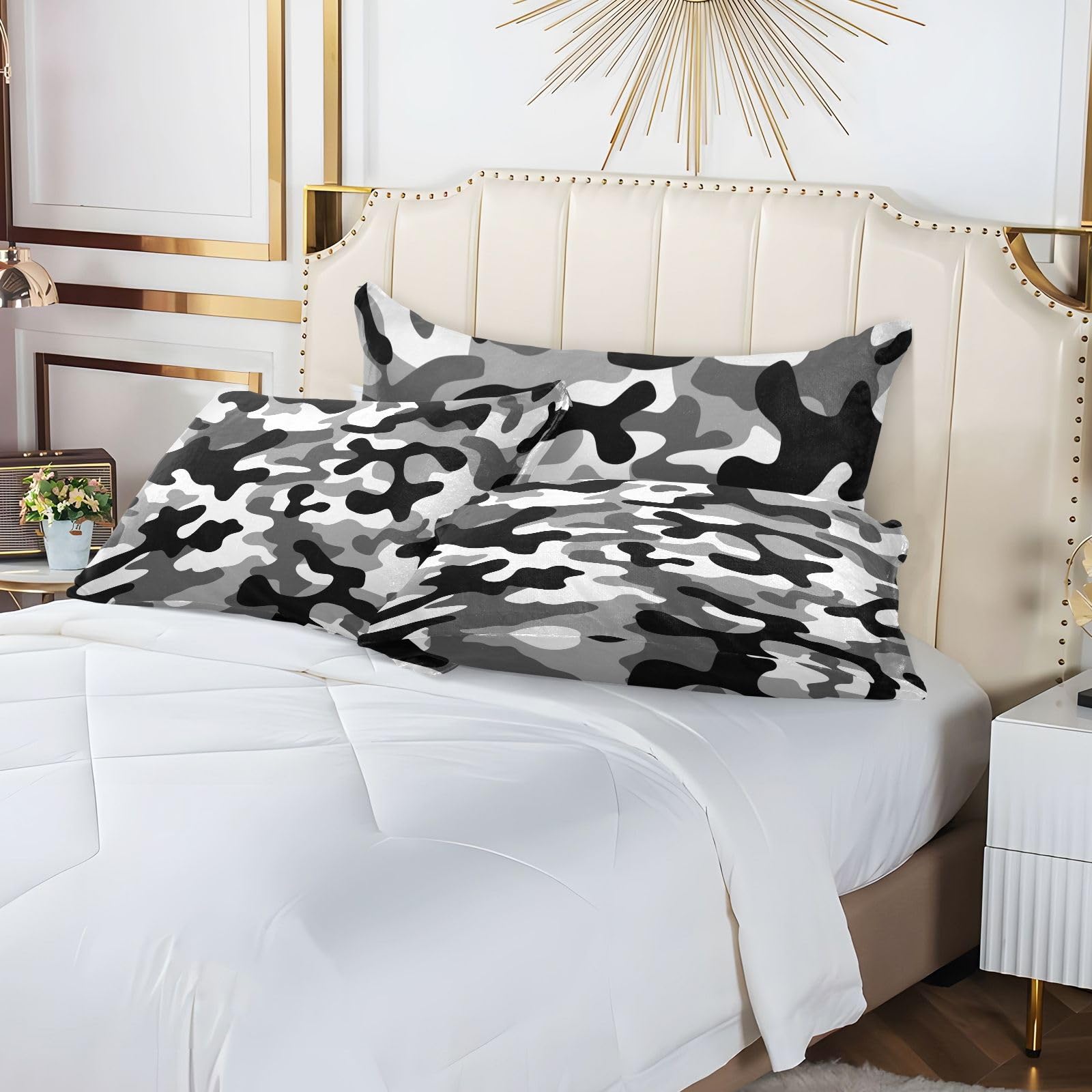 Black White Camouflage Zipper Pillowcase Soft Body Pillow Cover with Zipper King Size Pillow Case for Couches Living Room Bed 20x40in