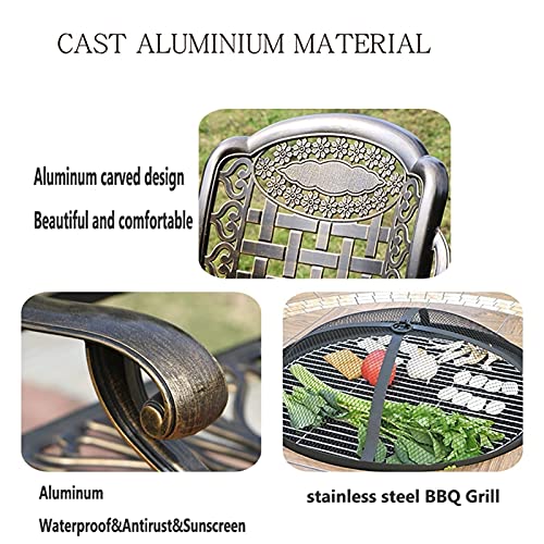 QHYXT Outdoor Fire Pit 122cm/48 Garden Grill Table - Wood Burning Fire Pit, Aluminum Round Indoor and Outdoor Table and Chair Set-with 4 Chairs, Suitable for Garden Terrac
