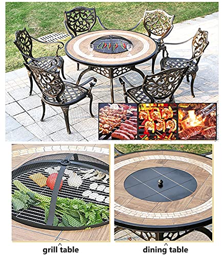 QHYXT Outdoor Fire Pit 122cm/48 Garden Grill Table - Wood Burning Fire Pit, Aluminum Round Indoor and Outdoor Table and Chair Set-with 4 Chairs, Suitable for Garden Terrac