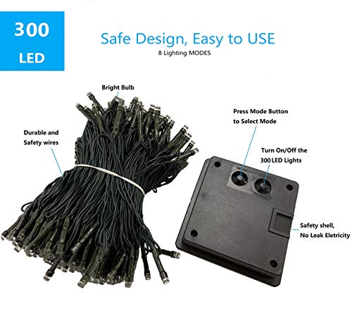 OZS-105FT 300LED Warm White Solar Christmas String Lights Outdoor, Waterproof 8 Modes Green Wire Christmas Tree Lights for Garden, Christmas Decorations (Warm White)