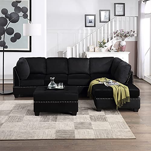 Eafurn 104.5" Convertible Sectional Reversible Chaise and Rivets Trim,L Shaped Corner Storage Ottoman and Cup Holders,Comfy Upholstery Sofa & Couches for Living Room, Black Velvet