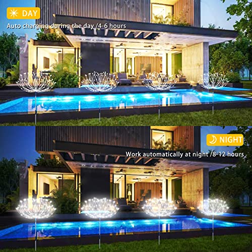 Solar Fireworks Lights Outdoor Waterproof,4 Pack Solar Garden Lights Outdoor 8 Lighting Modes with Remote Control , 480 LED DIY Starburst Fairy Lights for Patio Christmas Party Yard Decorative