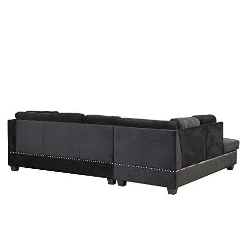 Eafurn 104.5" Convertible Sectional Reversible Chaise and Rivets Trim,L Shaped Corner Storage Ottoman and Cup Holders,Comfy Upholstery Sofa & Couches for Living Room, Black Velvet