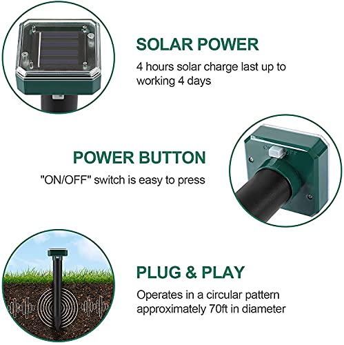 CherryPig Solar Mole Repellent, Ultrasonic Mole Repellent Solar Powered,Outdoor Waterproof Ultrasonic Snake Repellent for Get Rid of Mole, Gopher, Snakes, Vole and Other Underground Pests(4 Pack)