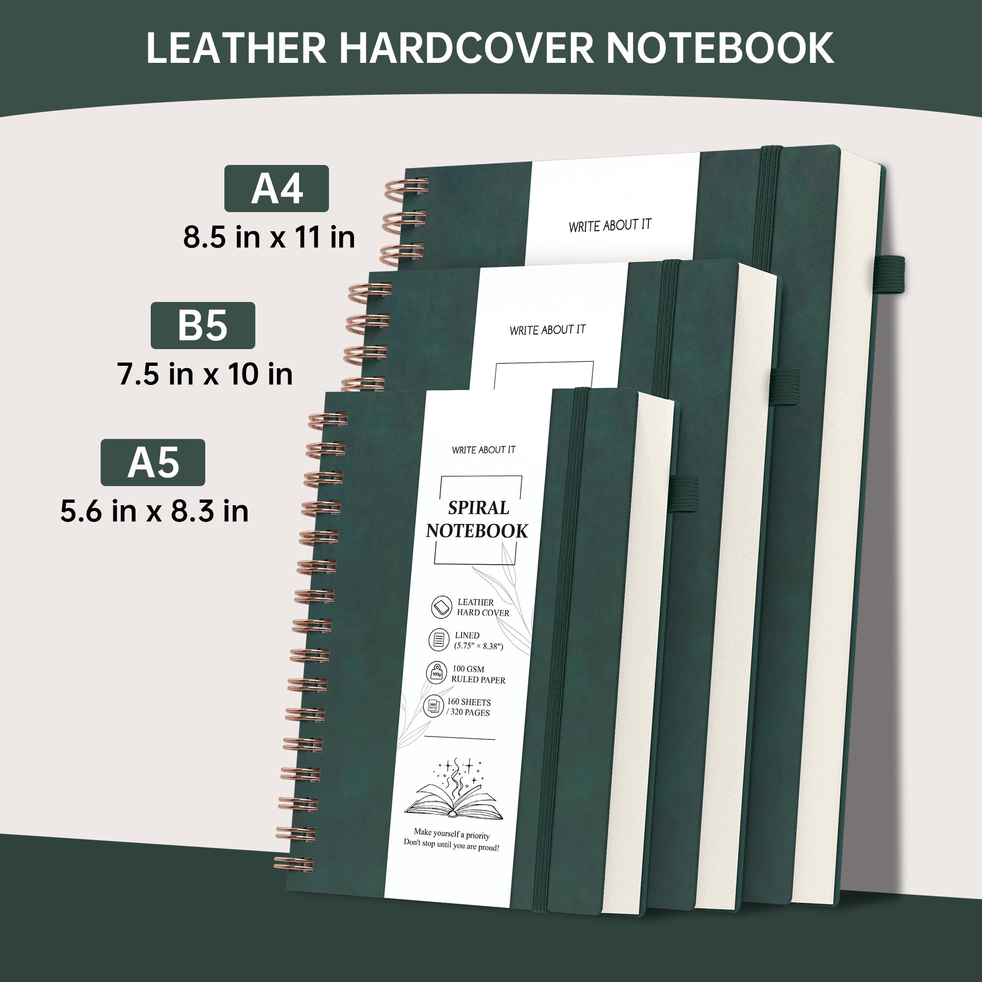 Lined Spiral Journal Notebook with 320 Numbered Pages, B5 College Ruled Thick Journals for Writing with 100GSM Paper, Hardcover Notebooks with Contents for Work, School, Women, Men, Green