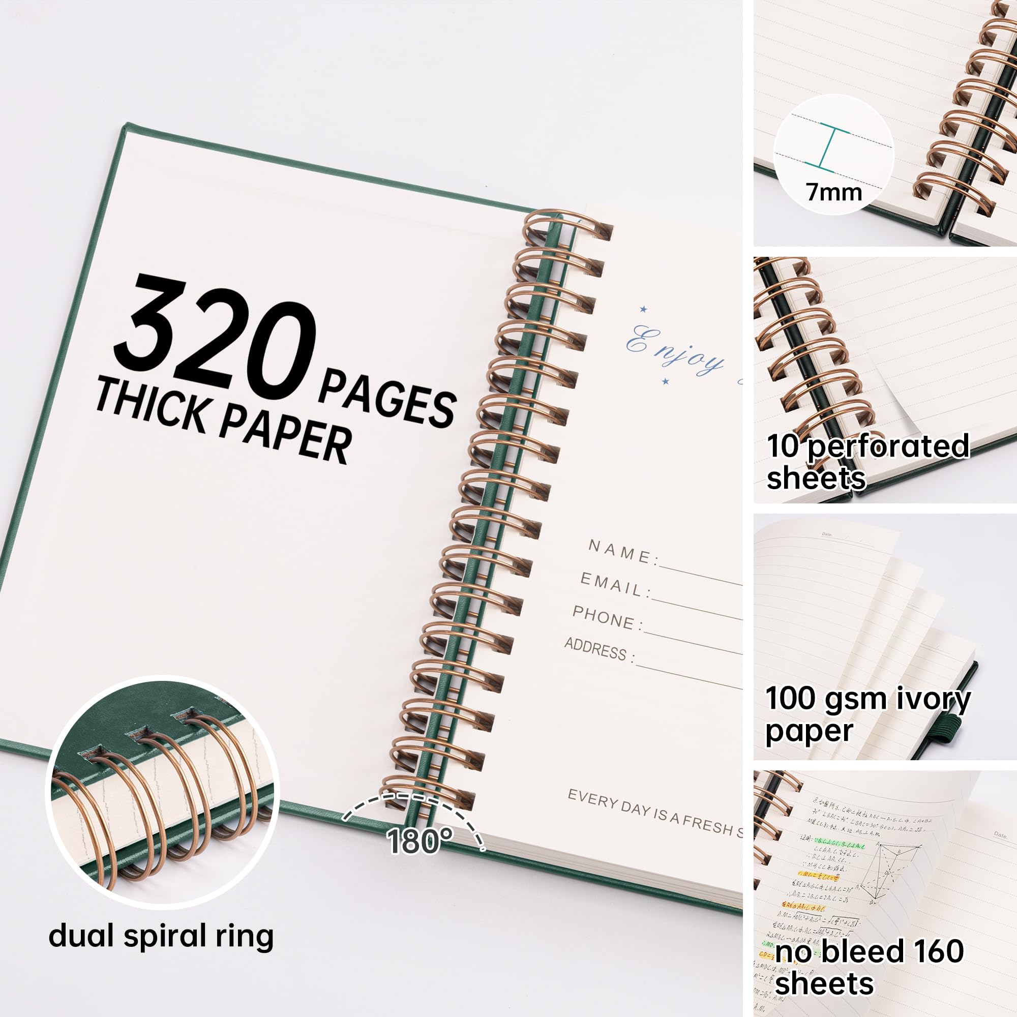 Lined Spiral Journal Notebook with 320 Numbered Pages, B5 College Ruled Thick Journals for Writing with 100GSM Paper, Hardcover Notebooks with Contents for Work, School, Women, Men, Green