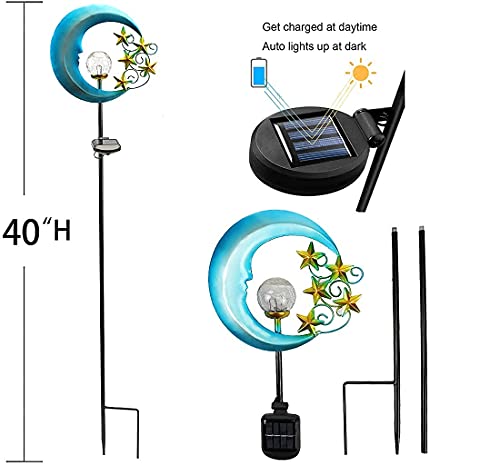 TOMBABY Solar Metal Star Moon Garden Lights -Crackle Glass Globe Outdoor Yard Stake for Lawn, Pathway, Patio or Courtyard