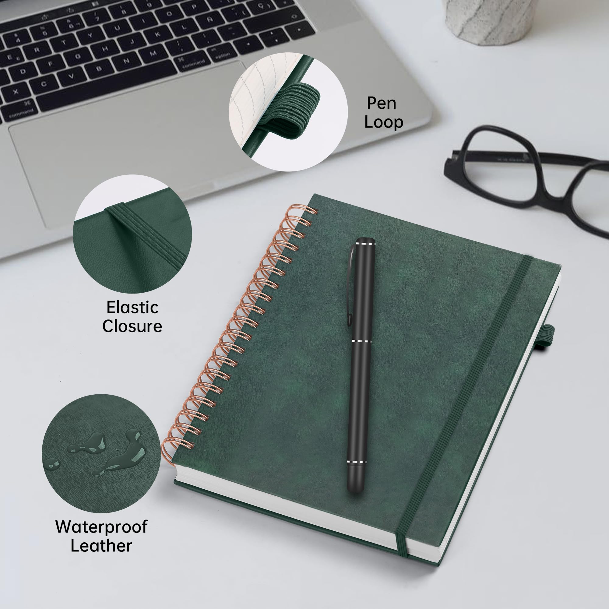 Lined Spiral Journal Notebook with 320 Numbered Pages, B5 College Ruled Thick Journals for Writing with 100GSM Paper, Hardcover Notebooks with Contents for Work, School, Women, Men, Green
