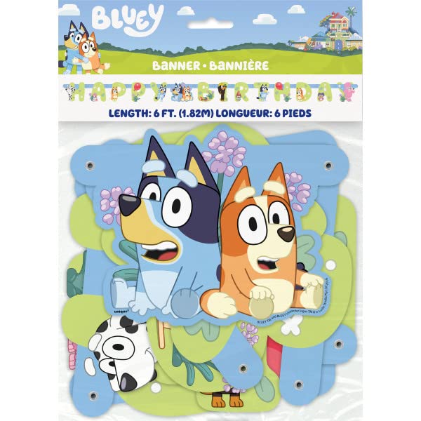 Bluey Birthday Party Supplies Bundle includes 1 Happy Birthday Banner , 3 Hanging Swirl Decorations, 1 Dinosaur Sticker Sheet