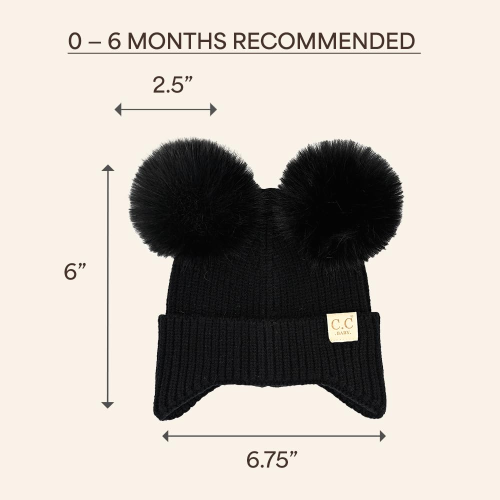 C.C Baby Earflap Double Fur Pom Pom Beanie Black