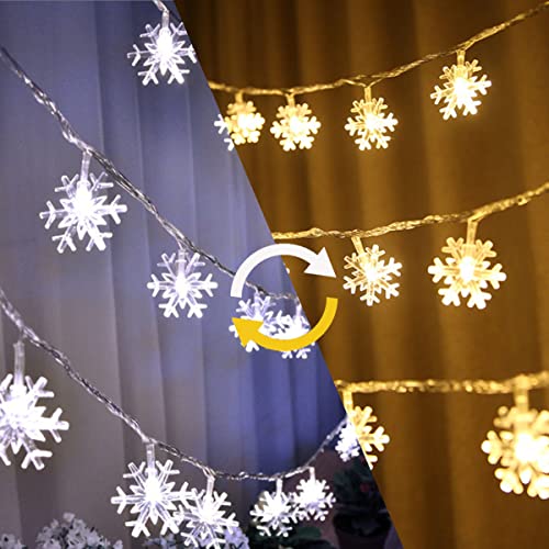 WesGen Christmas Lights,Color Change Snowflake String Lights Battery Operated Waterproof 20ft, 40LED for Xmas Garden Patio Bedroom Party Decor Christmas Decorations,Eight Modes, Warm White & White