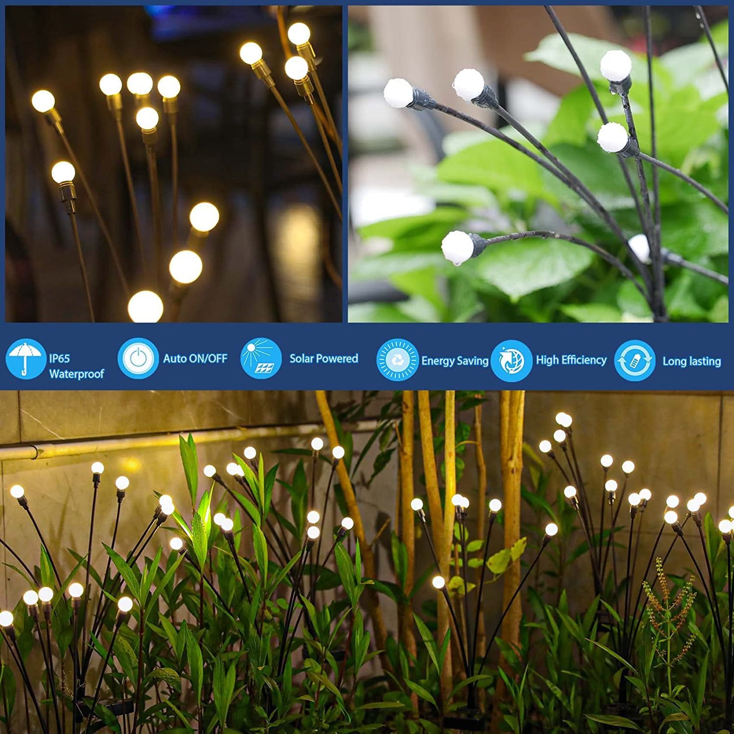 MMQ Solar Garden Lights, 2 Pack Solar Firefly Lights, 8 LEDs Bulbs Solar Outdoor Decorative Lights for Patio Pathway Christmas Halloween Decor, Warm White
