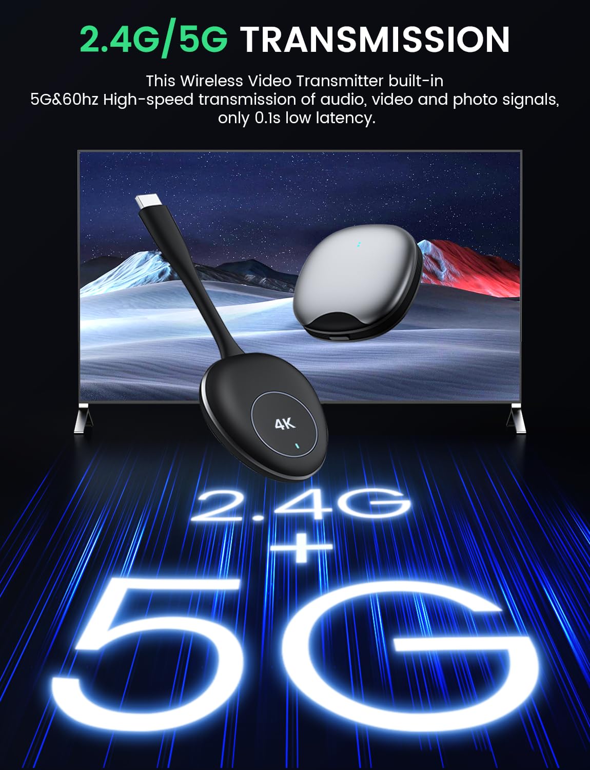4K Ultra HD Wireless HDMI Transmitter and Receiver 4K, Support 4K@60Hz 2.4/5GHz HD Extender Converter Adapter Plug and Play Streaming Video/Audio from PC/Laptop/Smartphone to HDTV/Projector
