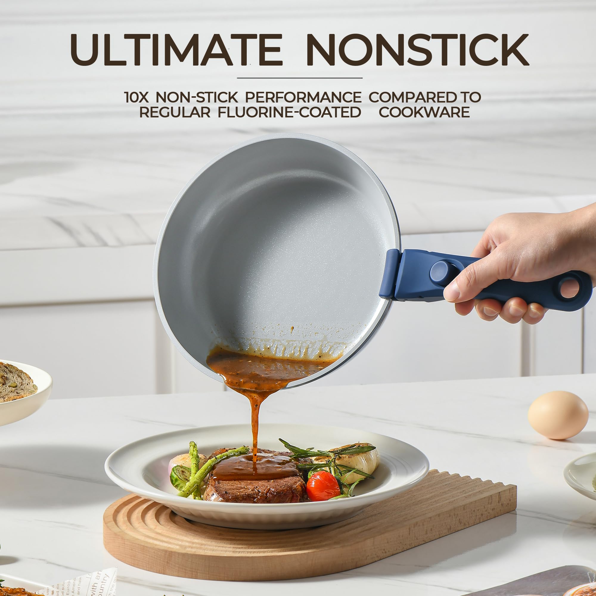 Pots and Pans Set with Detachable Handle - 12 Pcs Nonstick Ceramic Cookware Set with Lids, Non Toxic Cookware Set, RV Cookware Set,Camping Cooking Set, PTFE & PFOA Free,Oven Safe,Space Saving- Navy