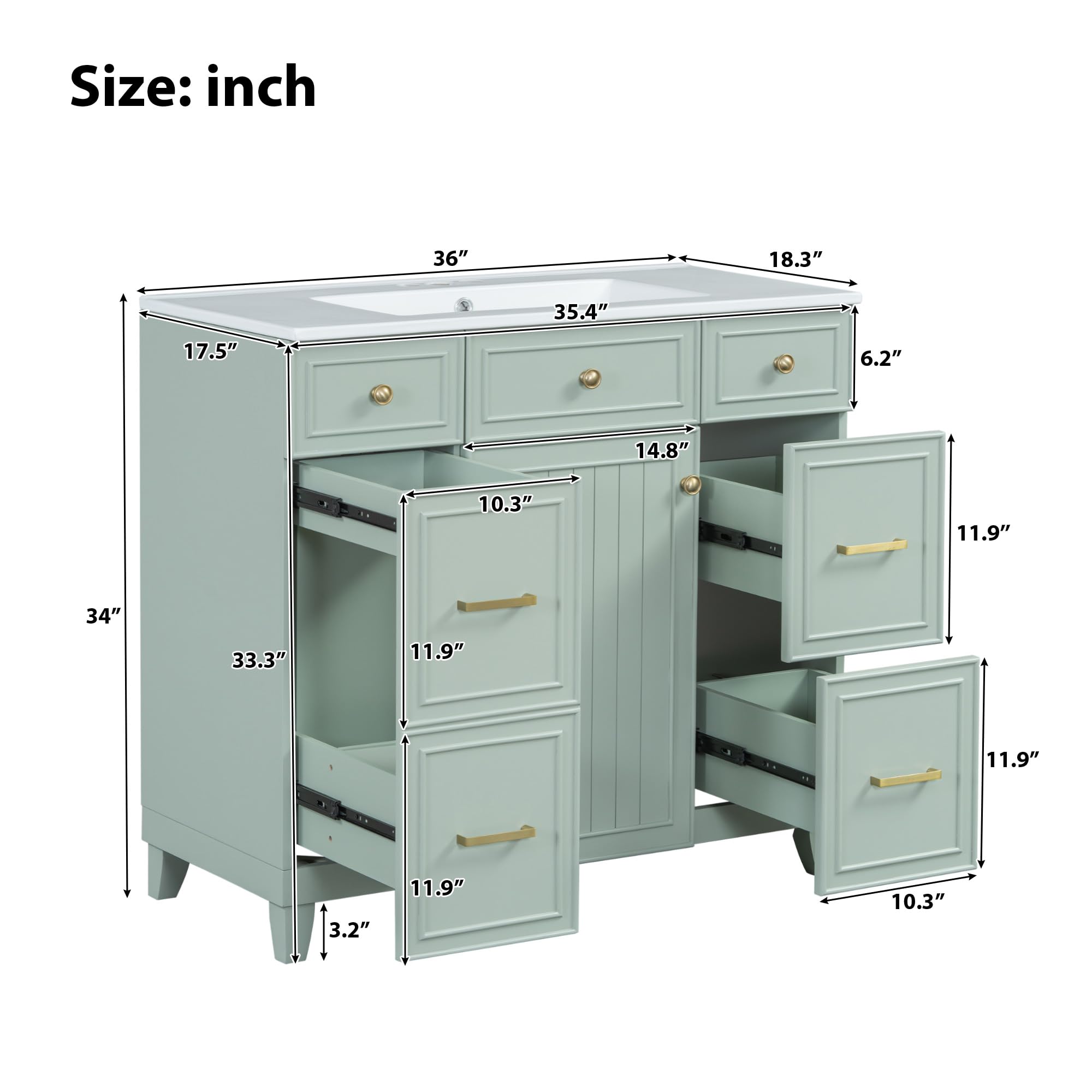Harper & Bright Designs 36" Bathroom Vanity with Sink, Free Standing Single Basin Vanity Set with Cabinet and 3 Drawers, Modern Wooden Bathroom Cabinet with Ceramic Basin for Bathroom, Green