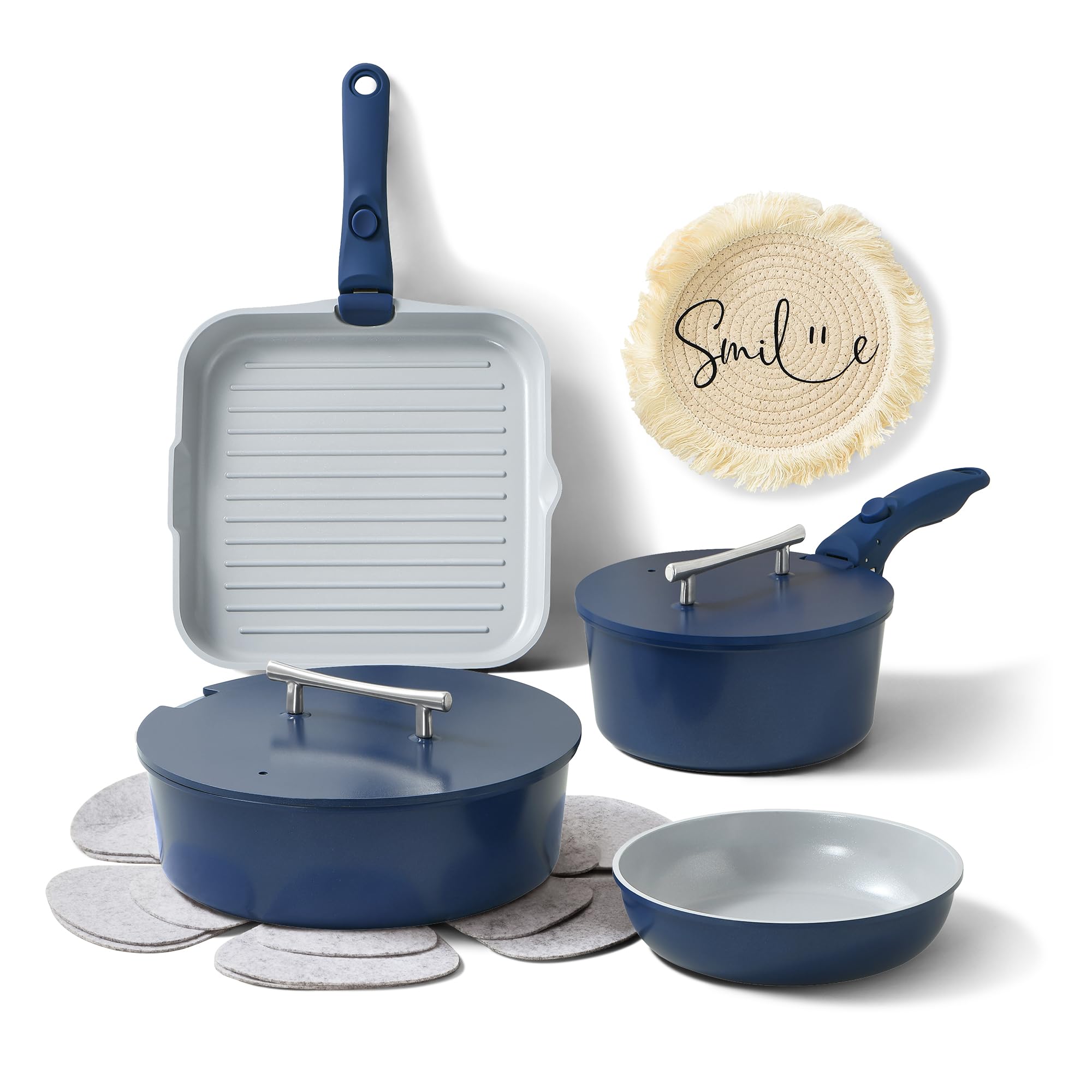 Pots and Pans Set with Detachable Handle - 12 Pcs Nonstick Ceramic Cookware Set with Lids, Non Toxic Cookware Set, RV Cookware Set,Camping Cooking Set, PTFE & PFOA Free,Oven Safe,Space Saving- Navy