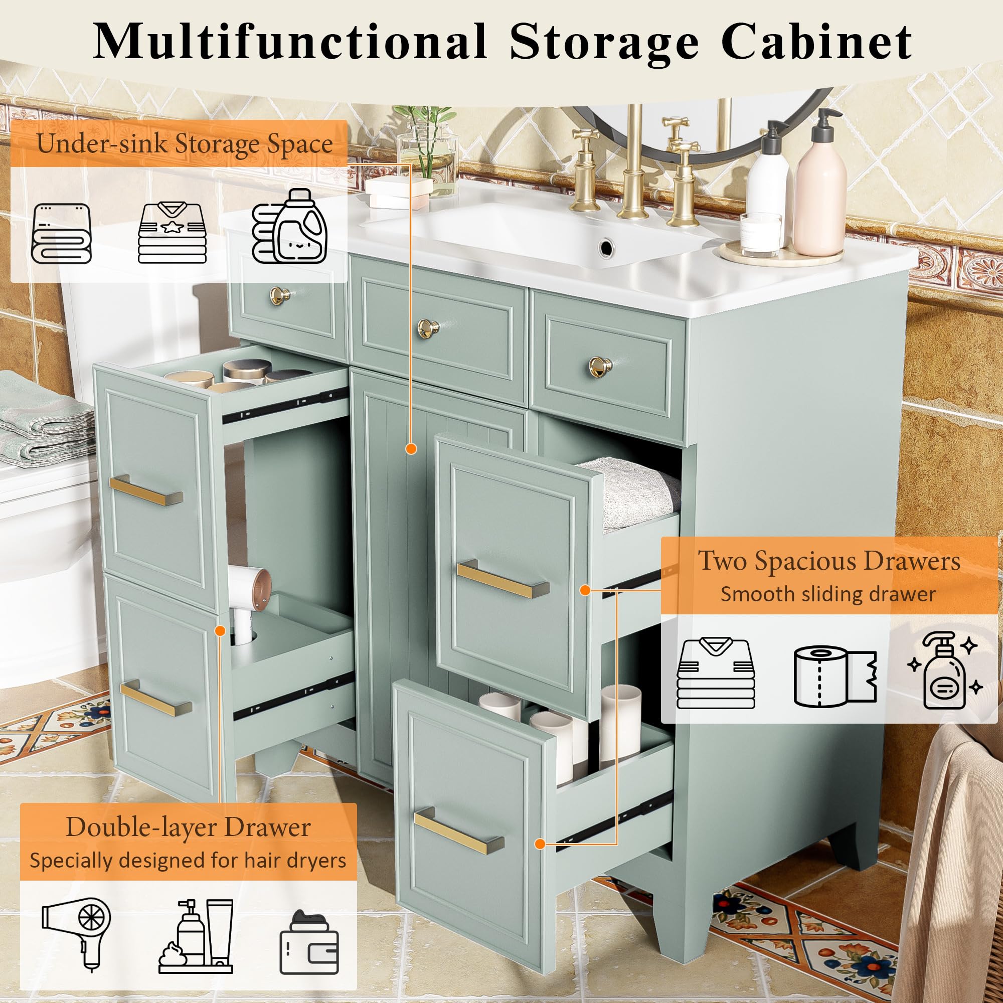 Harper & Bright Designs 36" Bathroom Vanity with Sink, Free Standing Single Basin Vanity Set with Cabinet and 3 Drawers, Modern Wooden Bathroom Cabinet with Ceramic Basin for Bathroom, Green
