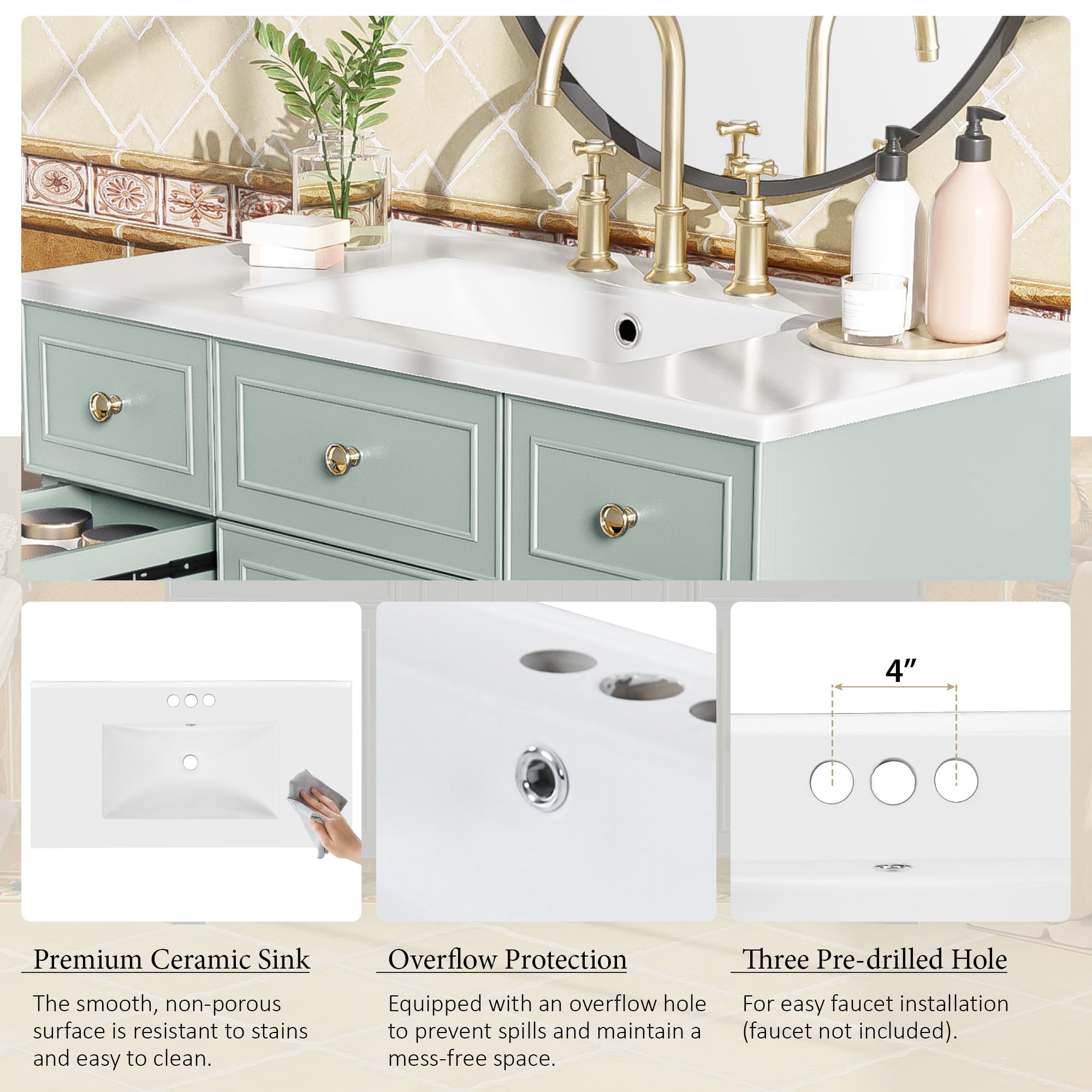 Harper & Bright Designs 36" Bathroom Vanity with Sink, Free Standing Single Basin Vanity Set with Cabinet and 3 Drawers, Modern Wooden Bathroom Cabinet with Ceramic Basin for Bathroom, Green