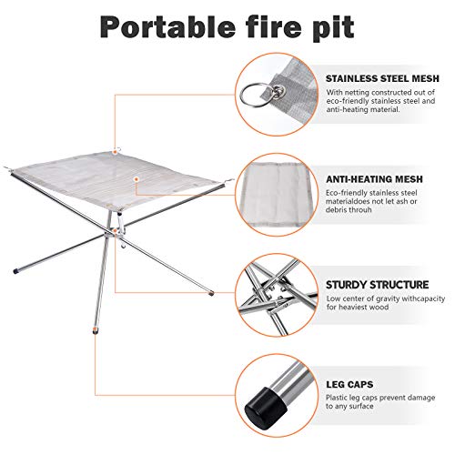 Portable Outdoor Fire Pit 16.5 Inch Upgrade Foldable Stainless Steel Mesh Fire Pit Wood Burning, Collapsible Fireplace Space Saving Perfect for Camping, Backyard, Patio, Garden (Carrying Bag Included)