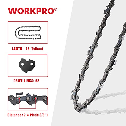 WORKPRO 2-Pack 18 Inch Chainsaw Chain, 3/8"Pitch, 62 Drive Links Wood Cutting Saw Chain for Chainsaw Parts fits Craftsman, Husqvarna, Poulan, Echo, DeWalt