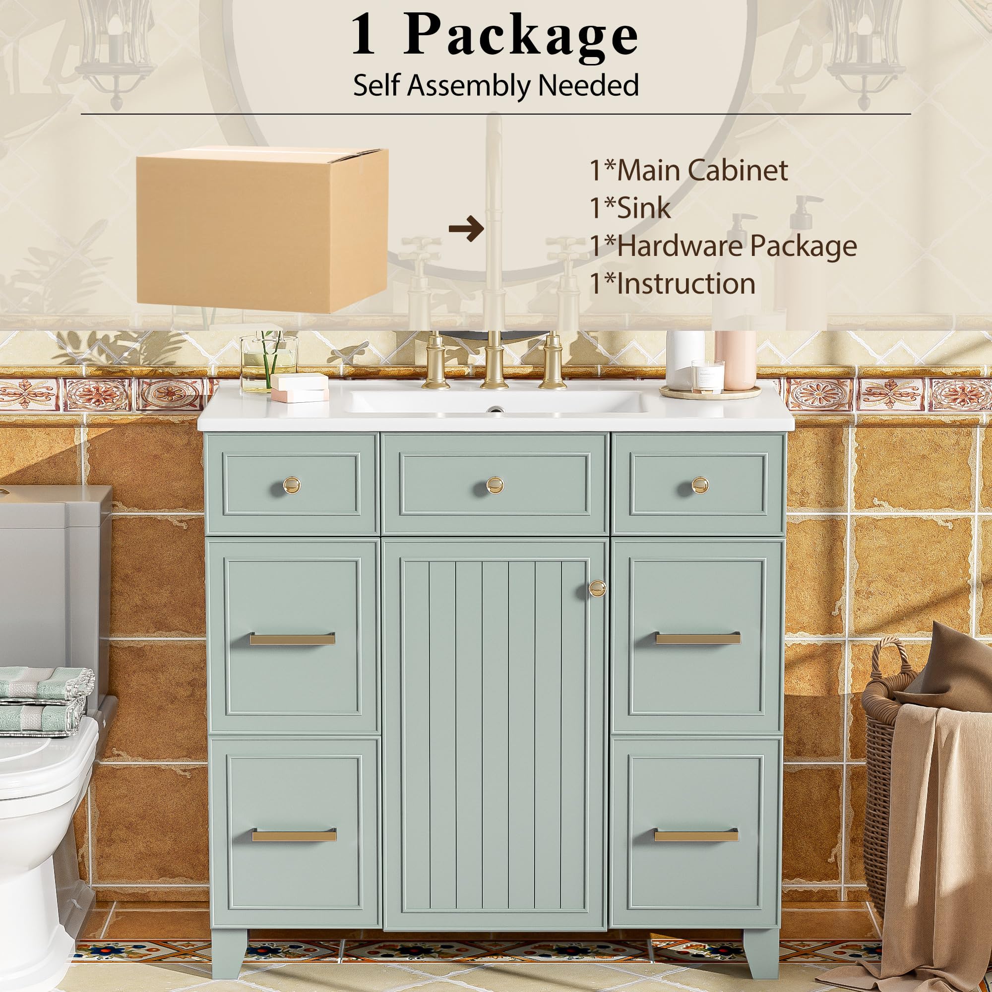 Harper & Bright Designs 36" Bathroom Vanity with Sink, Free Standing Single Basin Vanity Set with Cabinet and 3 Drawers, Modern Wooden Bathroom Cabinet with Ceramic Basin for Bathroom, Green