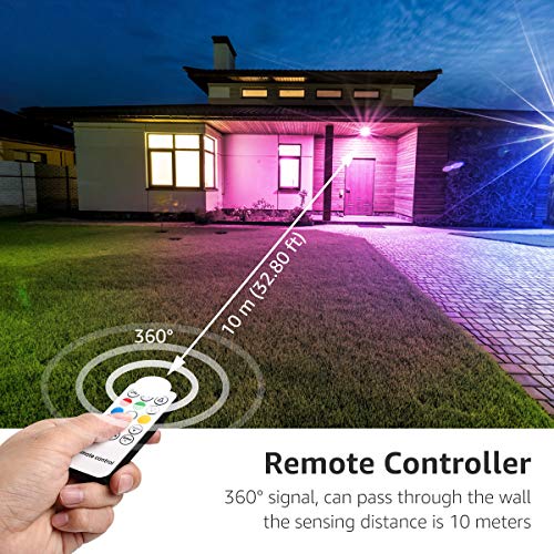 LED Flood Lights Outdoor 15W, RGB Color Changing Lighting with Remote, IP65 Waterproof, Dimmable Plug in Outdoor Floodlights for Garden, Yard, Party and Patio, 2 Pack
