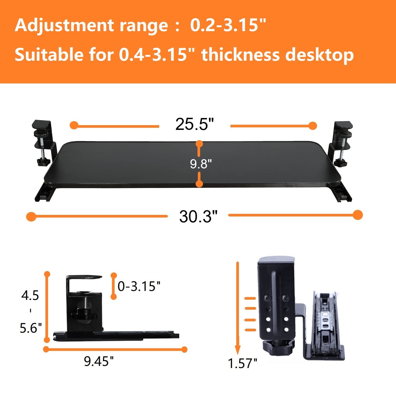 Keyboard Tray Under Desk - Adjustable Ergonomic Sliding Tray, 30.3 (Including Clamps) x 10 inch Large Slide-Out Platform Computer Drawer, Up to 3.1" Thick