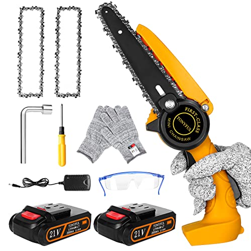 Mini Chainsaw, TONYFUL 6-Inch Cordless Chainsaw with 2 Battery and Replacement Chain, Professional Electric Chainsaw Portable Handheld Chainsaw Rechargeable Garden Saw for Pruning Trees Wood Cutting