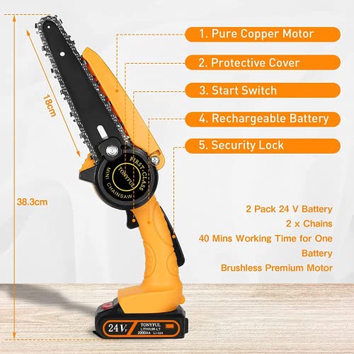 Mini Chainsaw, TONYFUL 6-Inch Cordless Chainsaw with 2 Battery and Replacement Chain, Professional Electric Chainsaw Portable Handheld Chainsaw Rechargeable Garden Saw for Pruning Trees Wood Cutting