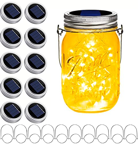 Upgraded Solar Mason Jar Lights, 10 Pack 30 LED Waterproof Fairy Firefly Jar Lids String Lights with Hangers(Jars not Included), Patio Yard Garden Wedding Easter Decoration - Warm White