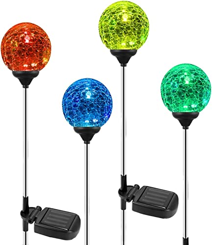 Solar Outdoor Lights - 4 Pack Crystal Glass LED Solar Garden Globe Lights, Color-Changing Solar Stake Lights Auto On/Off, Solar Pathway Lights for Landscape Patio Yard Walkway Christmas Decoration