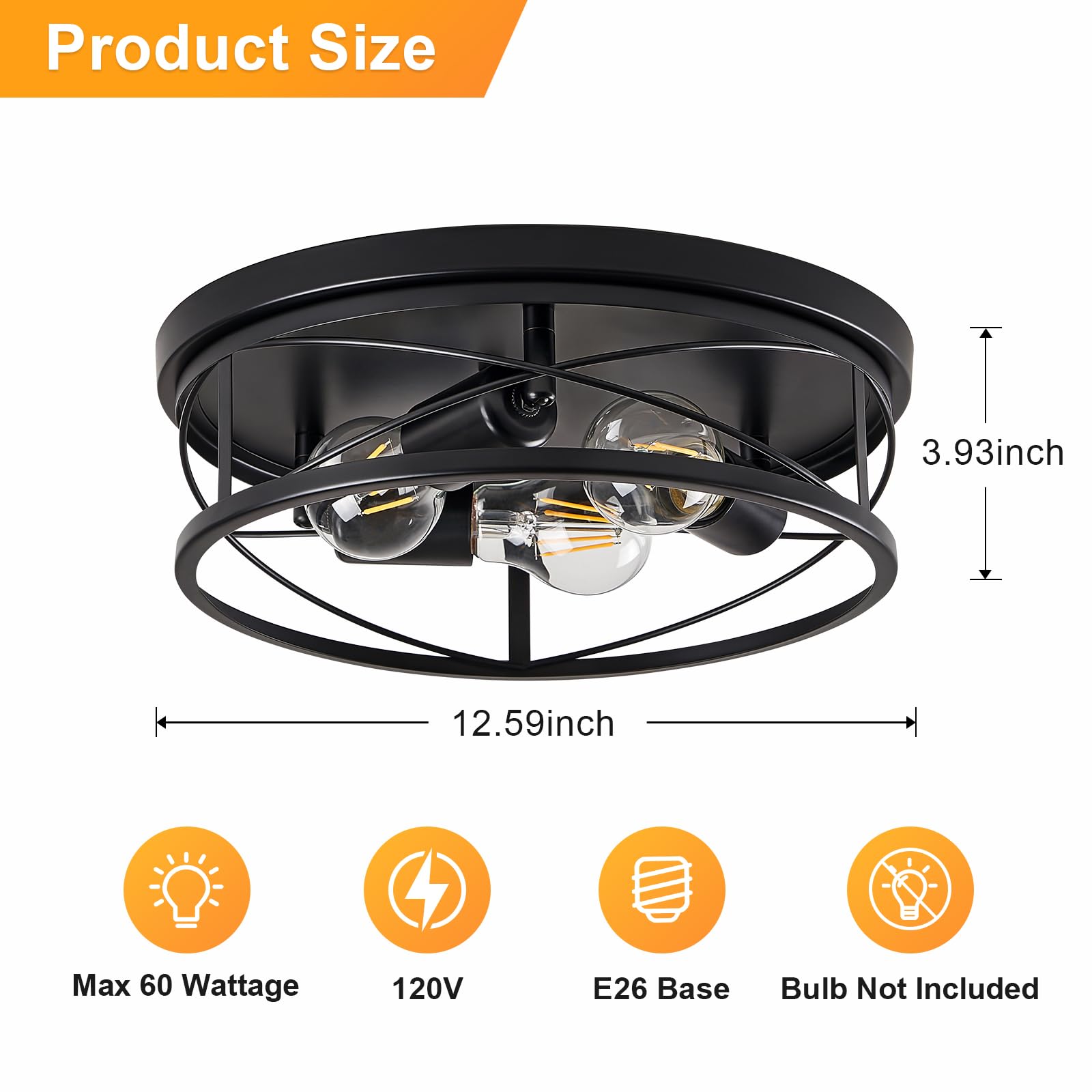 VIOLOEMI Farmhouse Light Fixtures, Black Round Metal Flush Mount Ceiling Light, 3-Light Cage Ceiling Lamp for Kitchen, Foyer, Bedroom, Hallway(Bulbs Not Included)