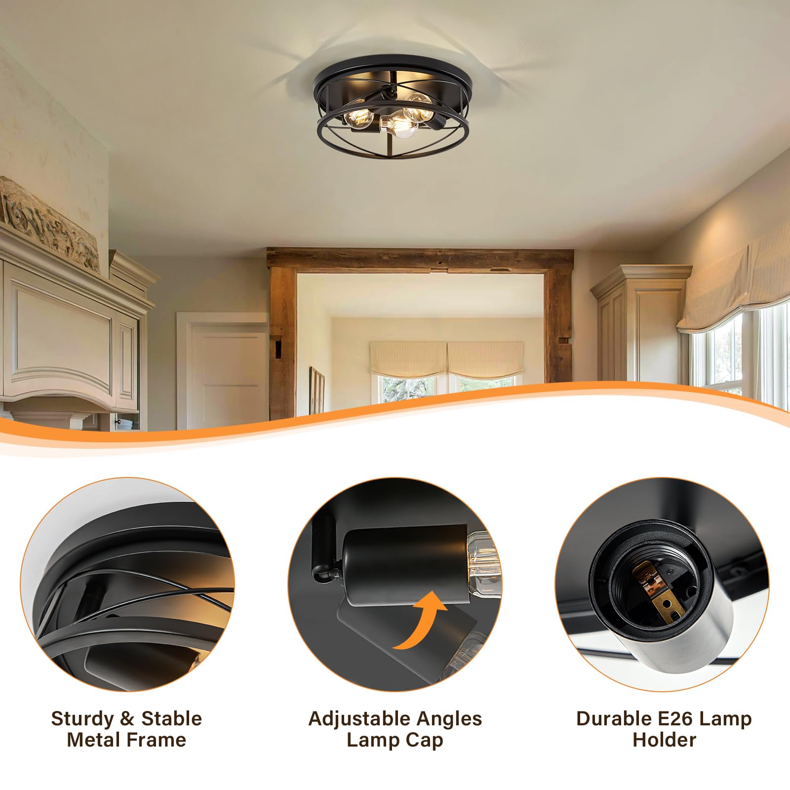 VIOLOEMI Farmhouse Light Fixtures, Black Round Metal Flush Mount Ceiling Light, 3-Light Cage Ceiling Lamp for Kitchen, Foyer, Bedroom, Hallway(Bulbs Not Included)